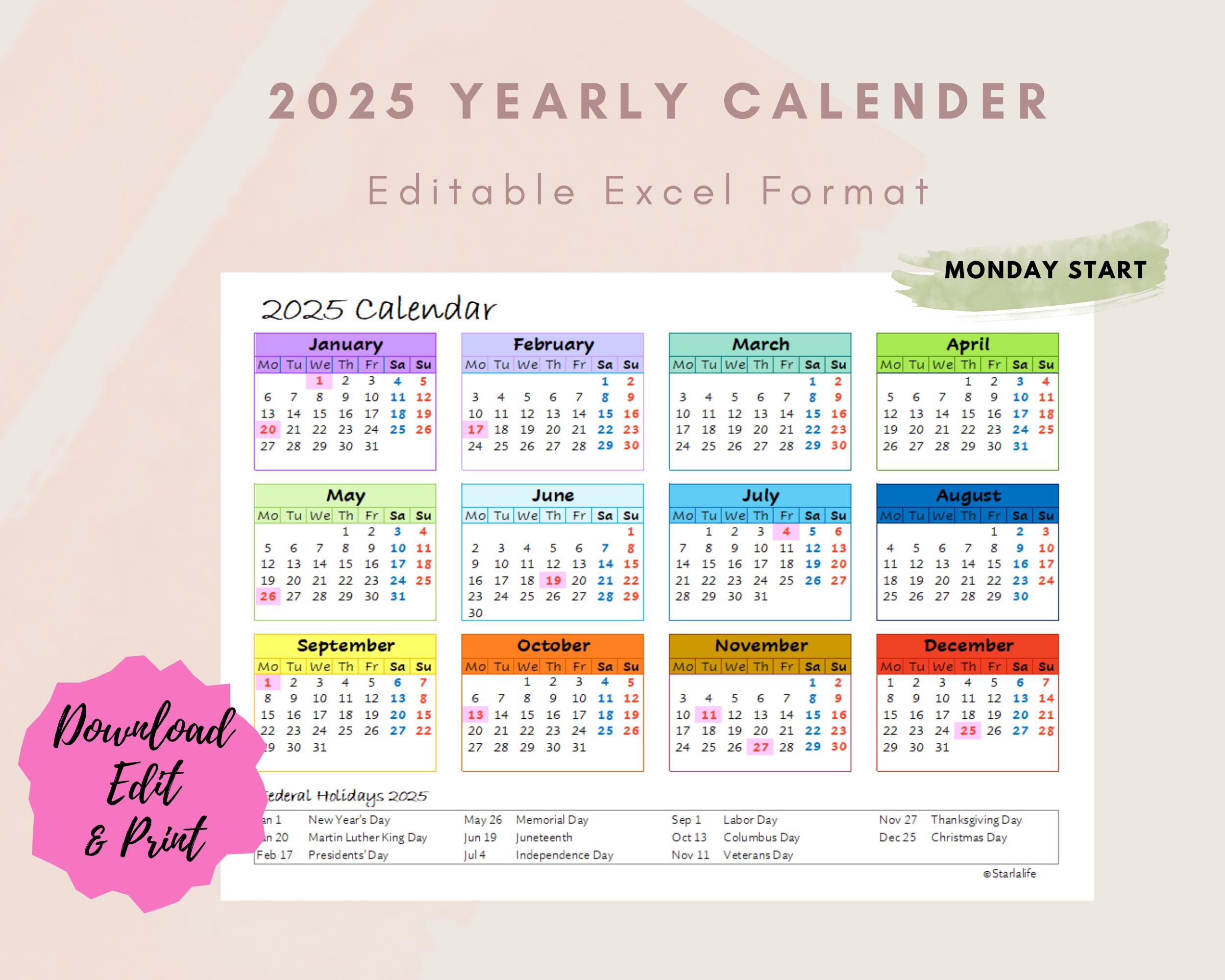 2025 Yearly One Page Excel Calendar - Etsy