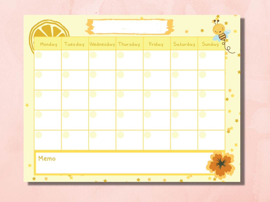 Open Printable Calendar / Cute Digital Calendar / Open Yellow Calendar ...