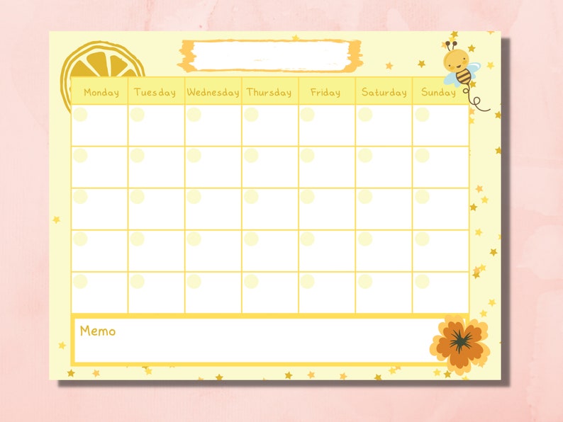 Open Printable Calendar / Cute Digital Calendar / Open Yellow Calendar ...