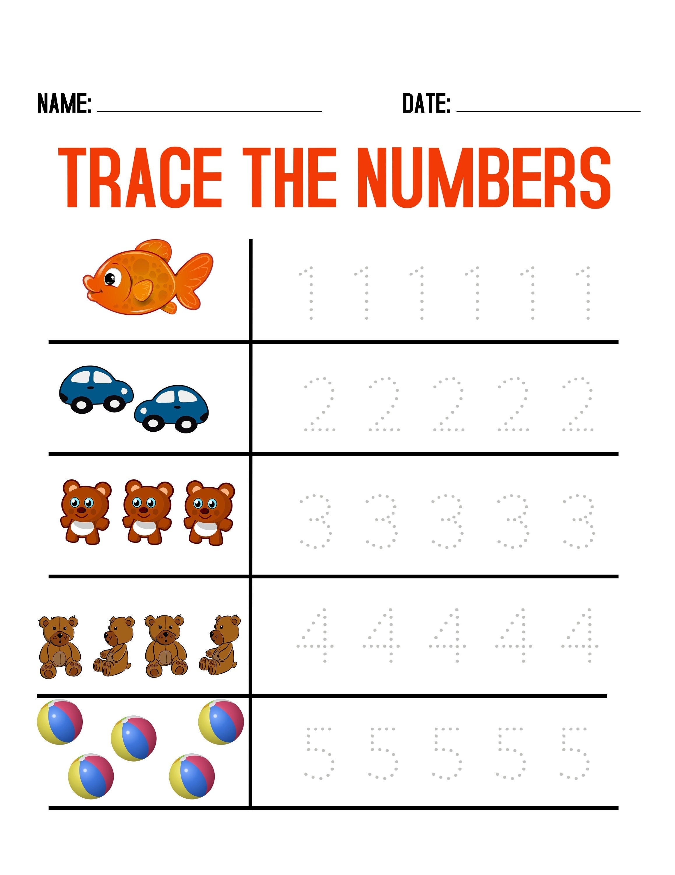 Trace the Numbers 1-5 - Etsy