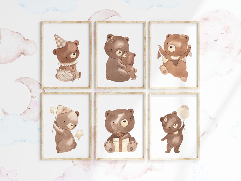 Set of 6 Bear Print, Bear Nursery Decor, Nursery Wall Decor, Baby Boy ...