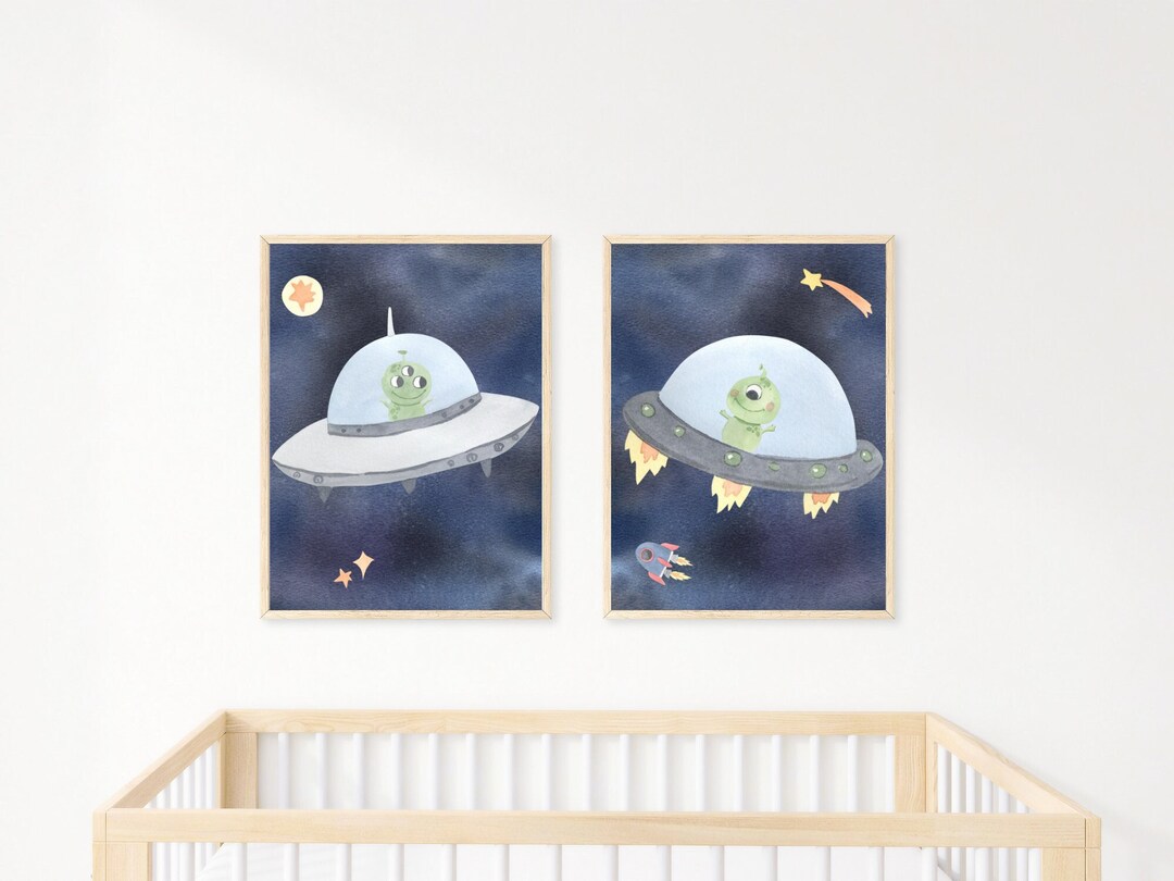 Space Aliens Nursery Prints Set of 2, DIGITAL ART PRINT, Shooting Star ...
