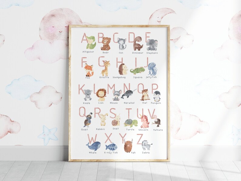 Watercolour Animal Alphabet Poster DIGITAL ART PRINT Pink - Etsy