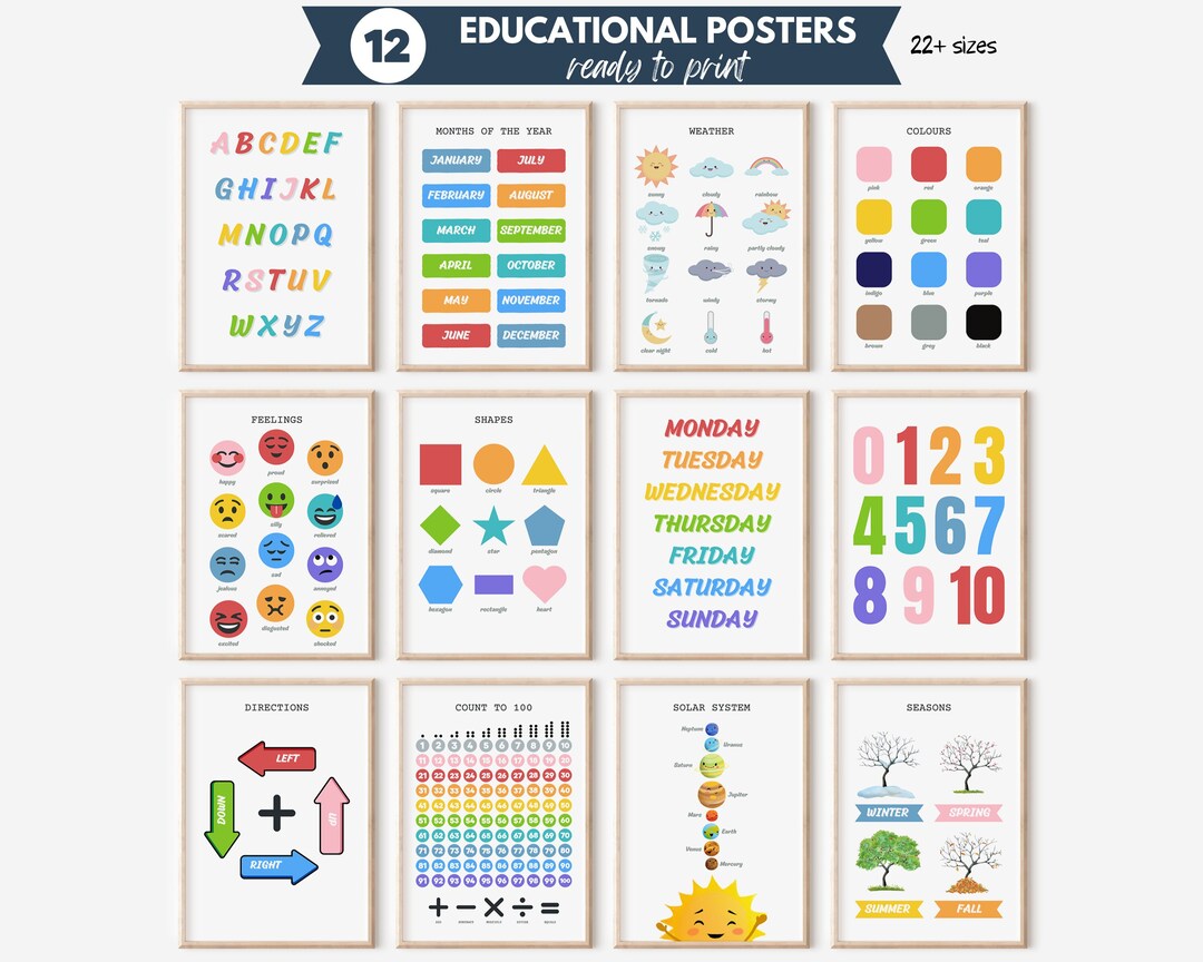 Set of Educational Posters, 12 Homeschool Prints, Rainbow Kids Decor ...