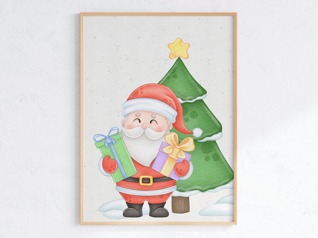 Printable Christmas Wall Art, Santa Print, Santa Holding Presents ...