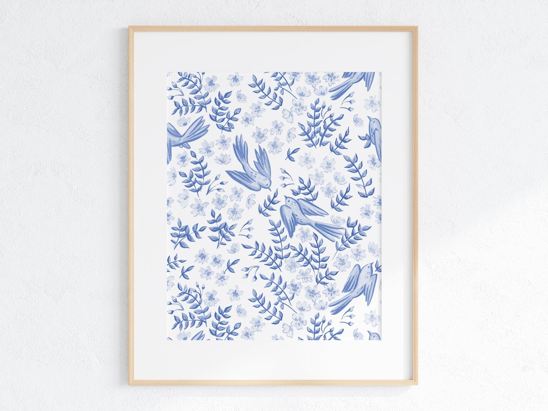 Digital Antique Bird Line Drawing, Blue Accent Work, Boho Living Room ...