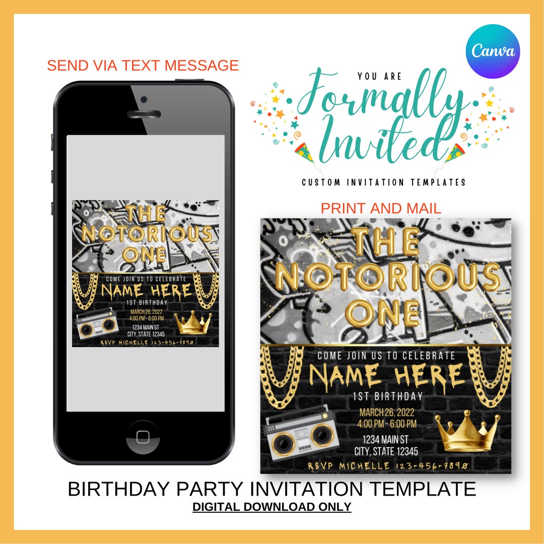 The Notorious ONE Birthday Party Invitation, Kids Birthday Invitation ...
