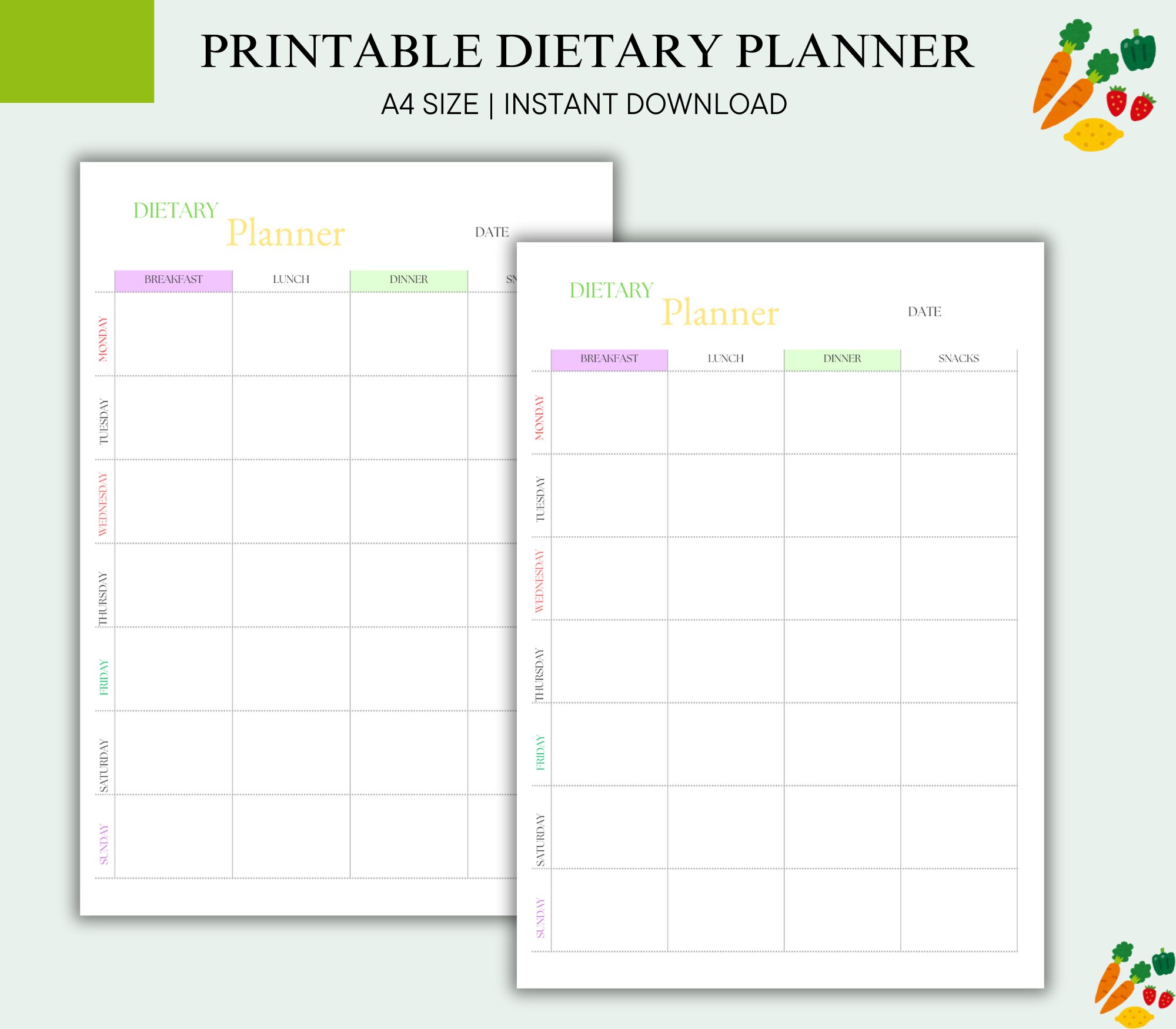 Minimalist Dietary Planner Printable Dietary Planner Weekly Meal ...