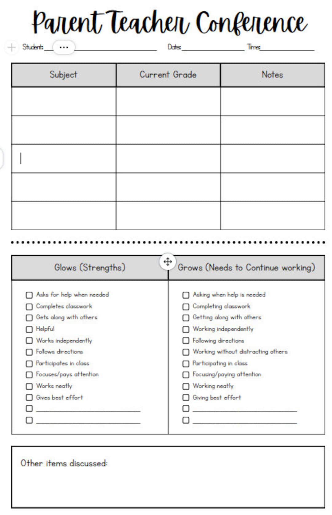 Parent Teacher Conference Form - Etsy