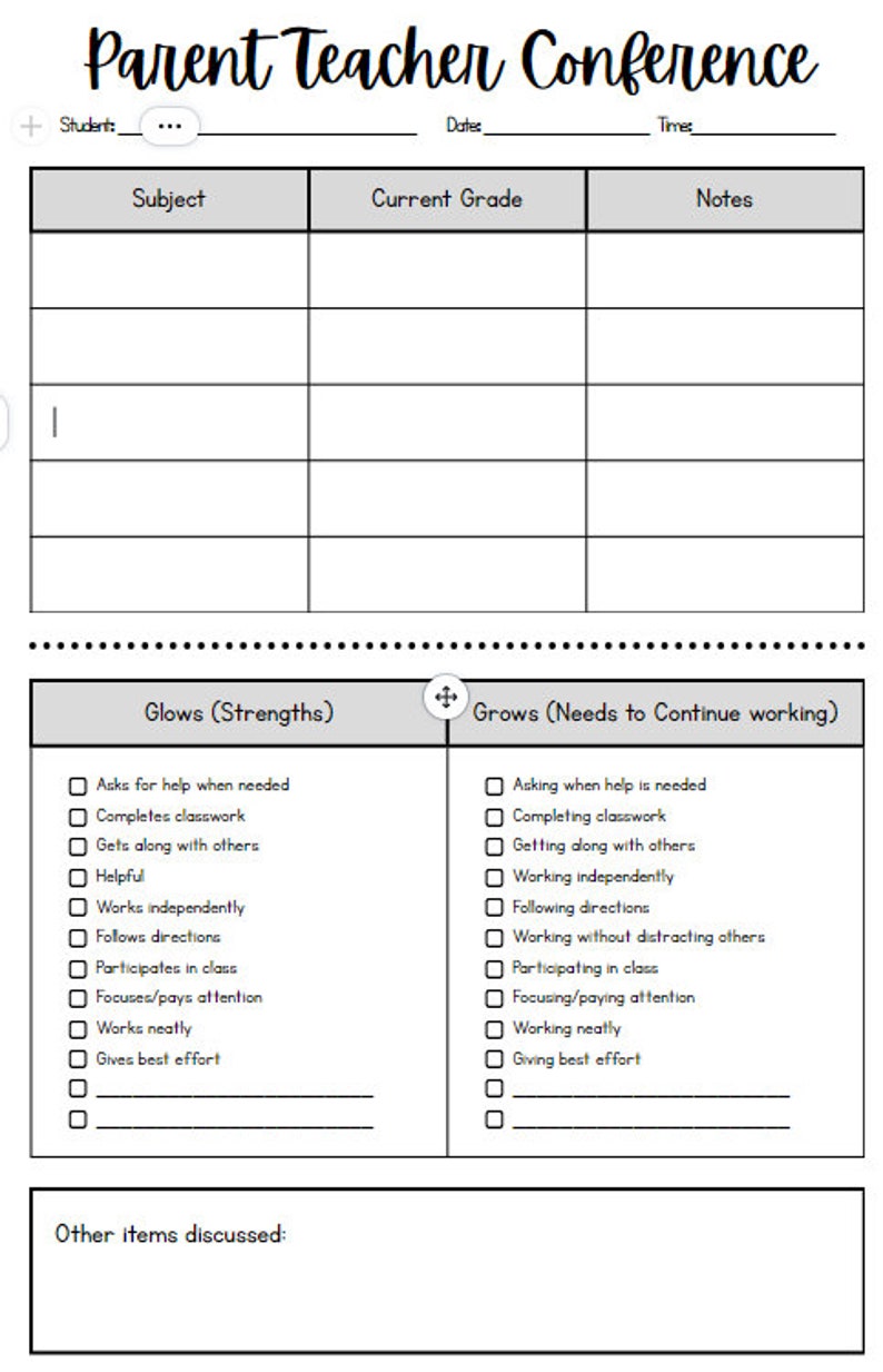Parent Teacher Conference Form - Etsy