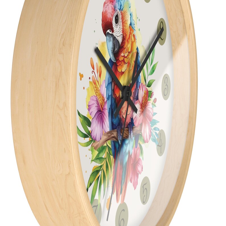Macaw Parrot Tropical Wall Clock Decor Rainforest Plants Hibiscus ...
