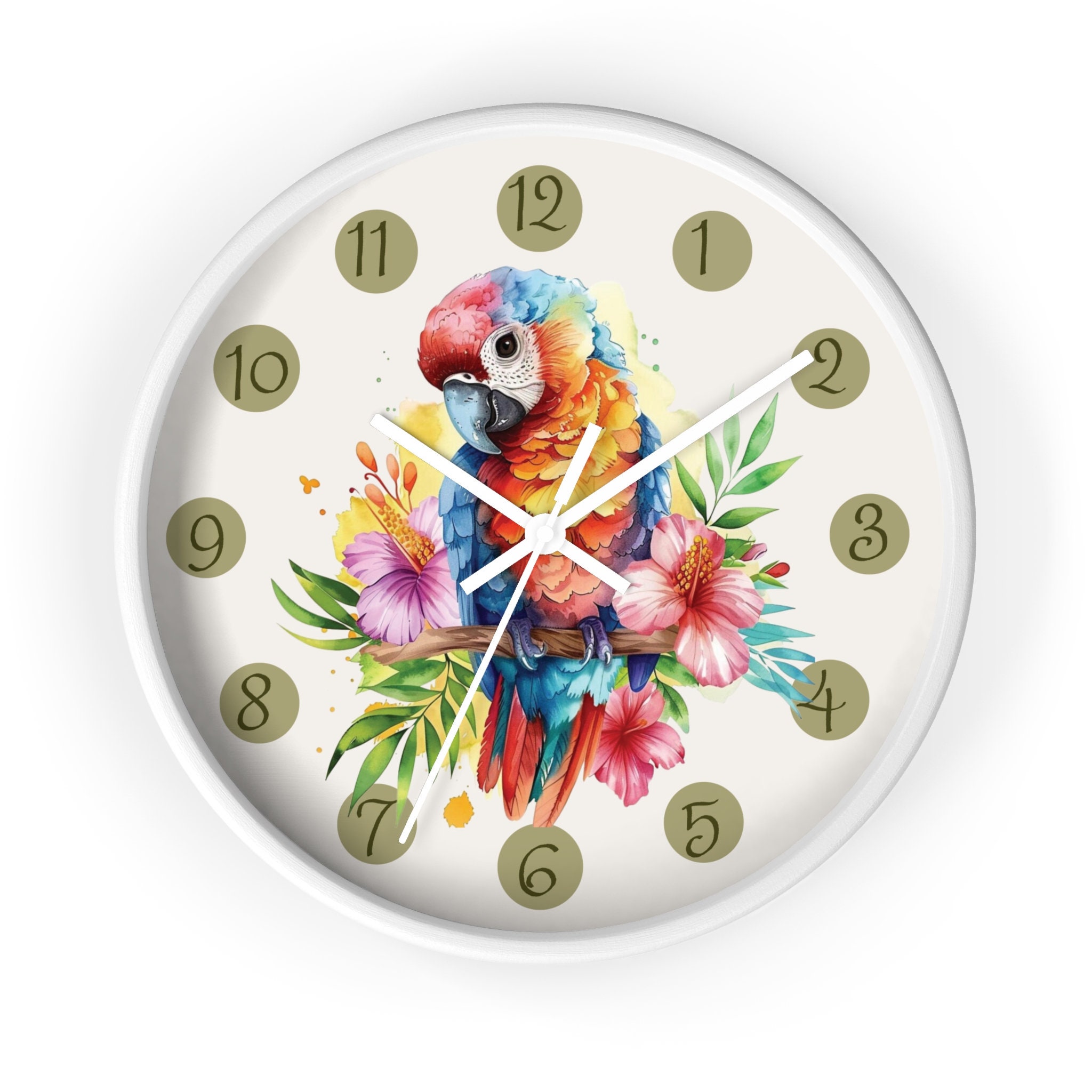 Macaw Parrot Tropical Wall Clock Decor Rainforest Plants Hibiscus ...
