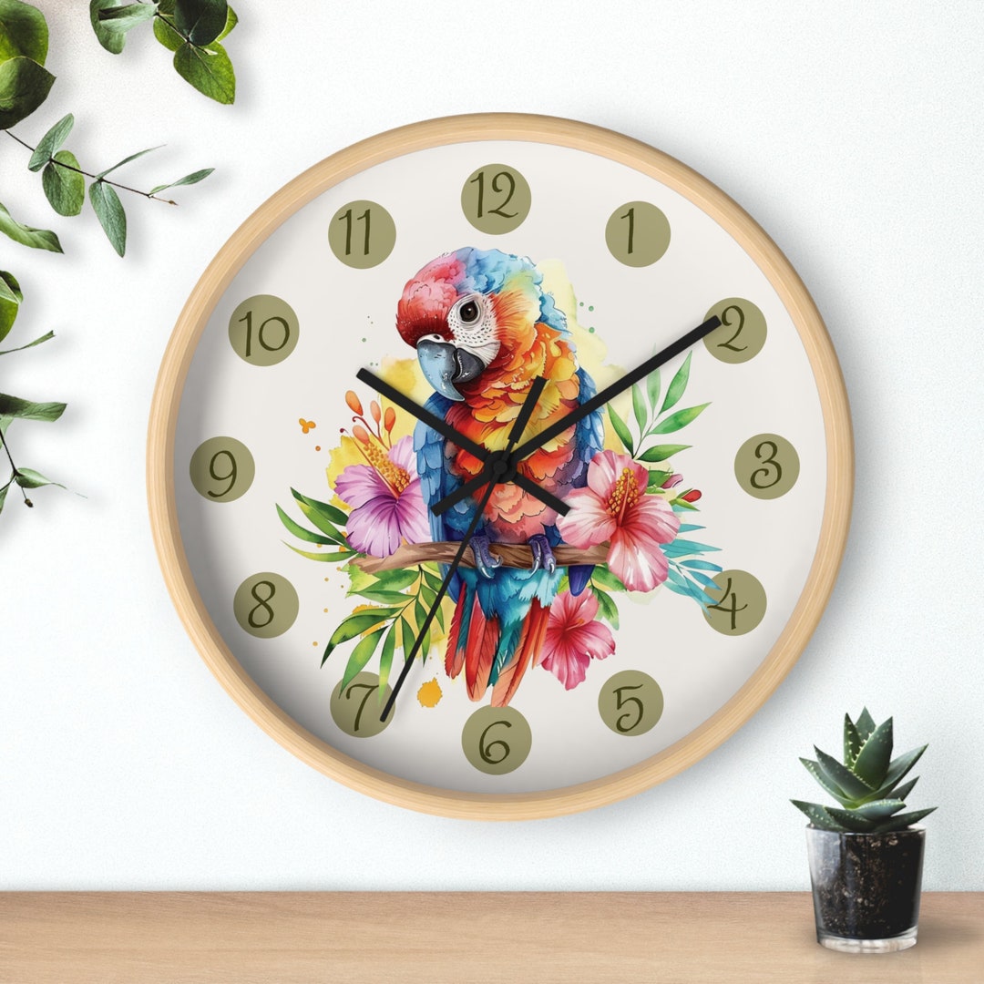 Macaw Parrot Tropical Wall Clock Decor Rainforest Plants Hibiscus ...