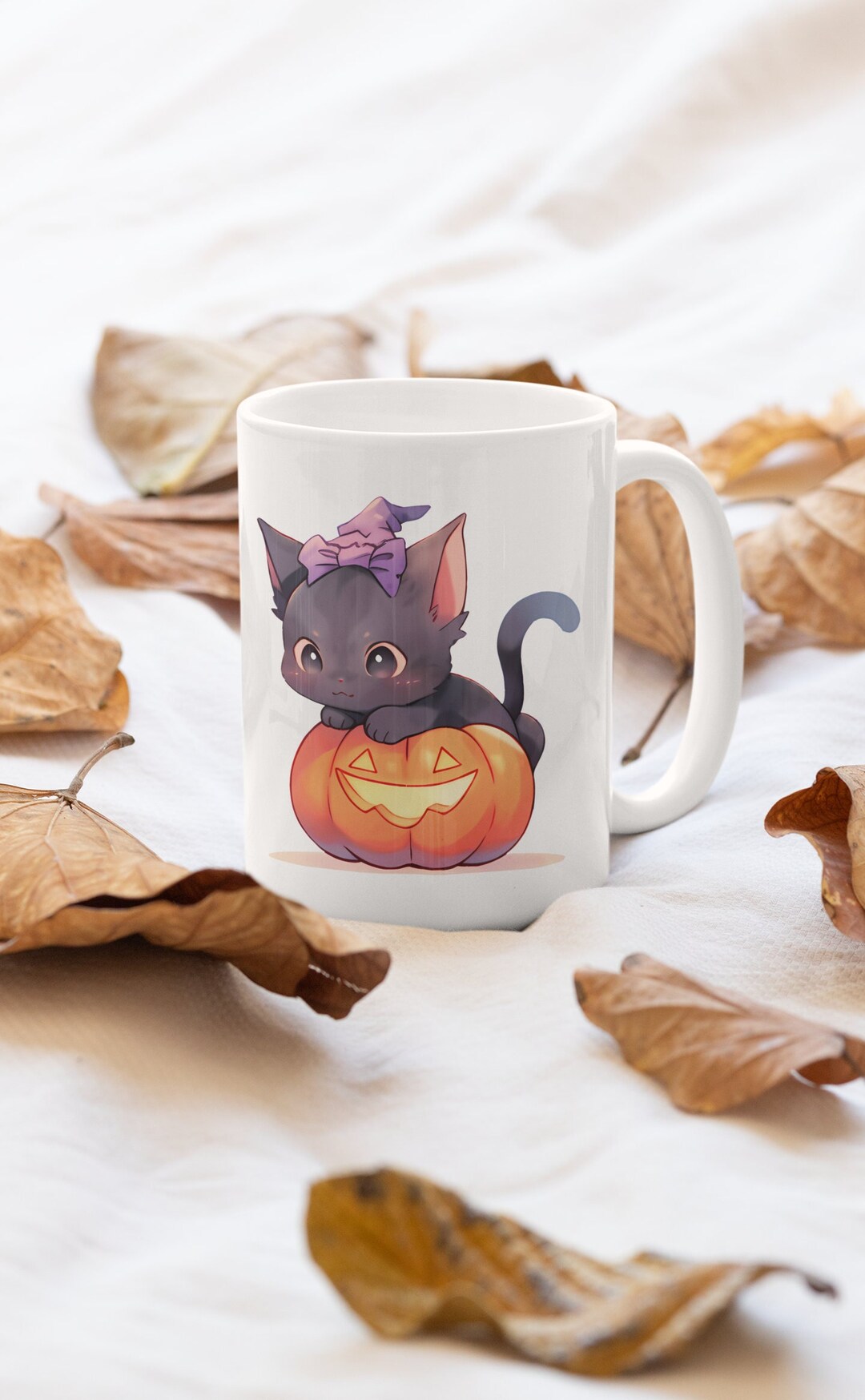 Halloween Cat Mug, Cute Kitten Pumpkin 15oz Spooky Cocoa Mug for ...