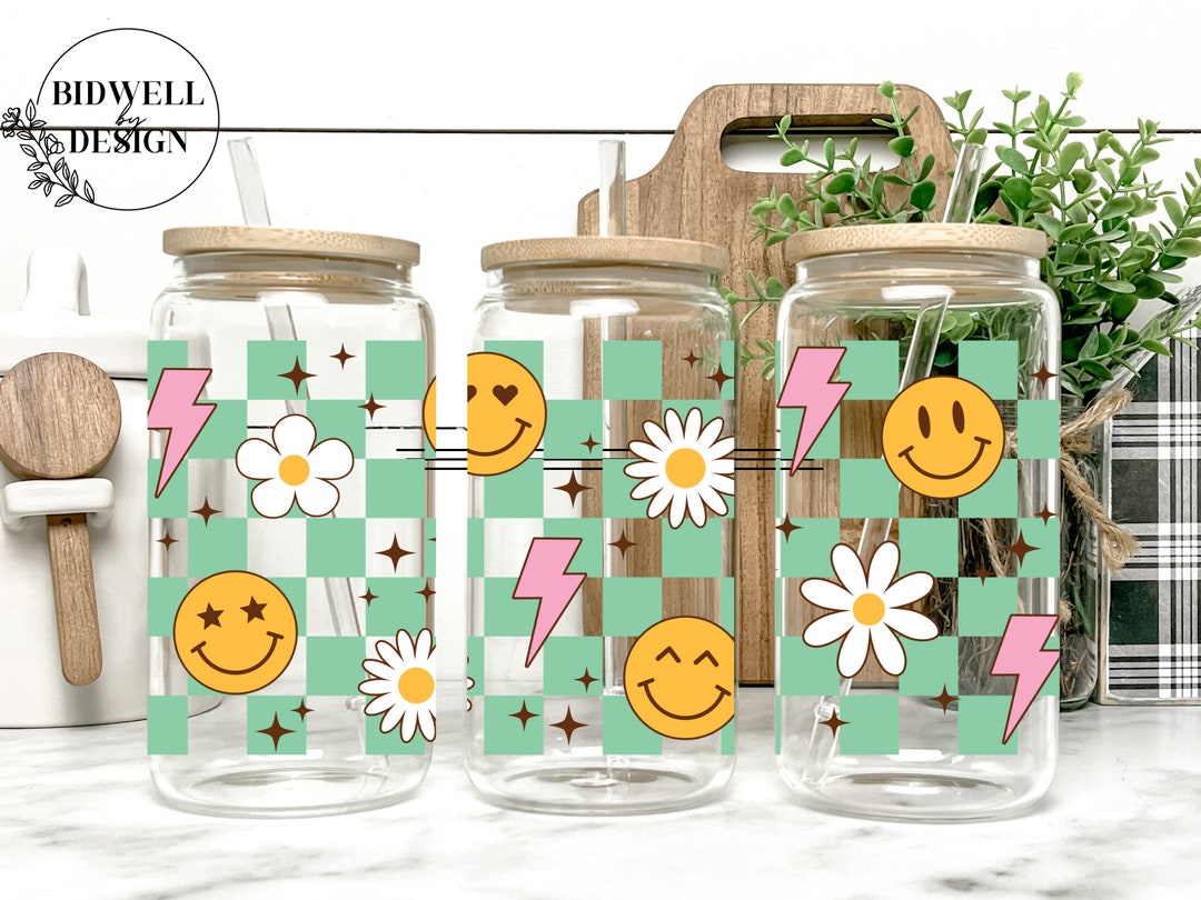 Ready to Use Checkered Smiley UV Libbey Cup Wrap 16oz UVDTF Wraps ...