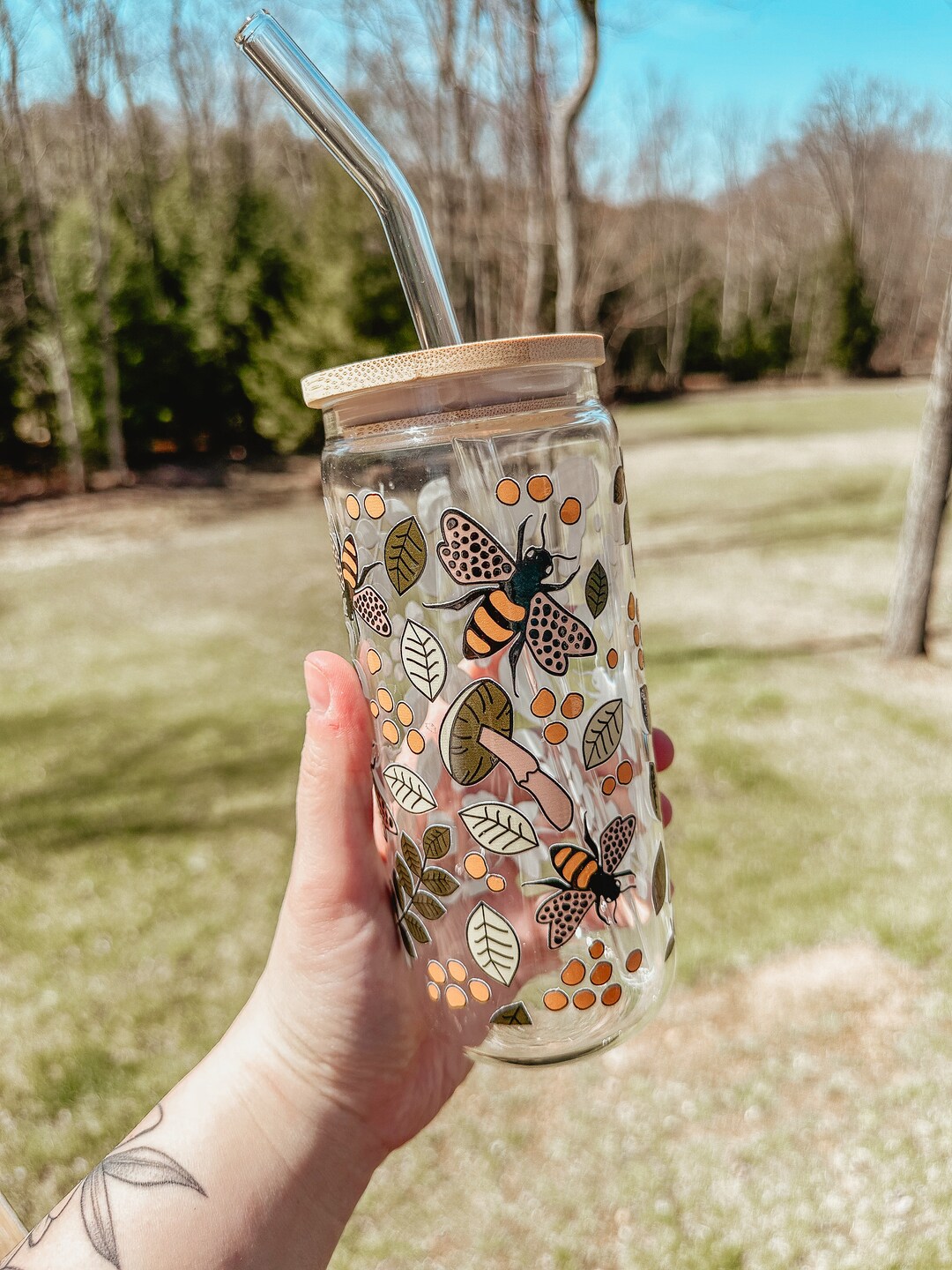 Bee Hive Beer Can Glass, Bees and Leaves Iced Coffee Cup, Trendy Iced ...