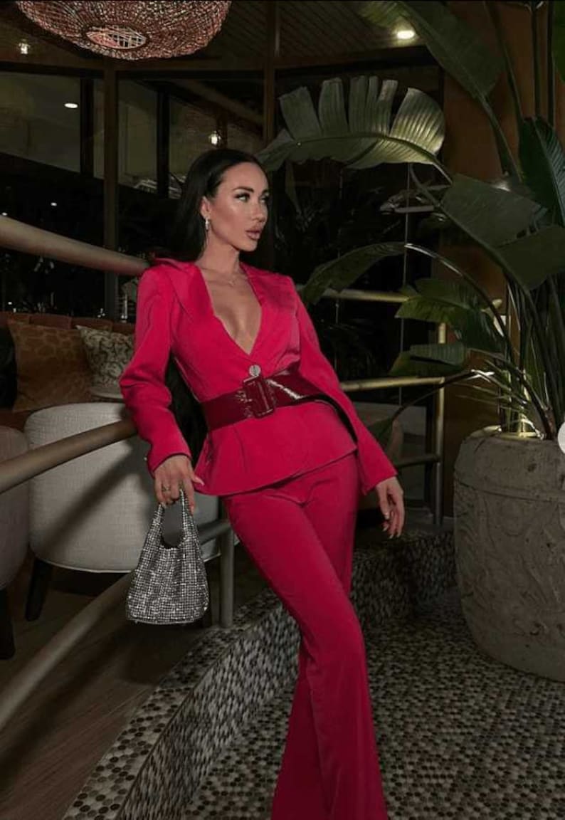 Pink Belted Matching Two Piece Pant Suit - Etsy UK