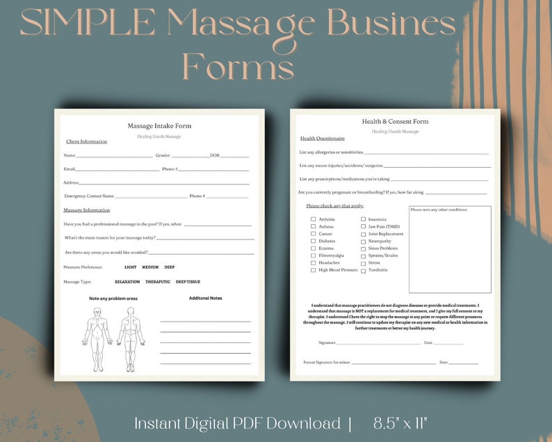 Simple Massage Therapy Business Forms Digital Download Massage Intake ...