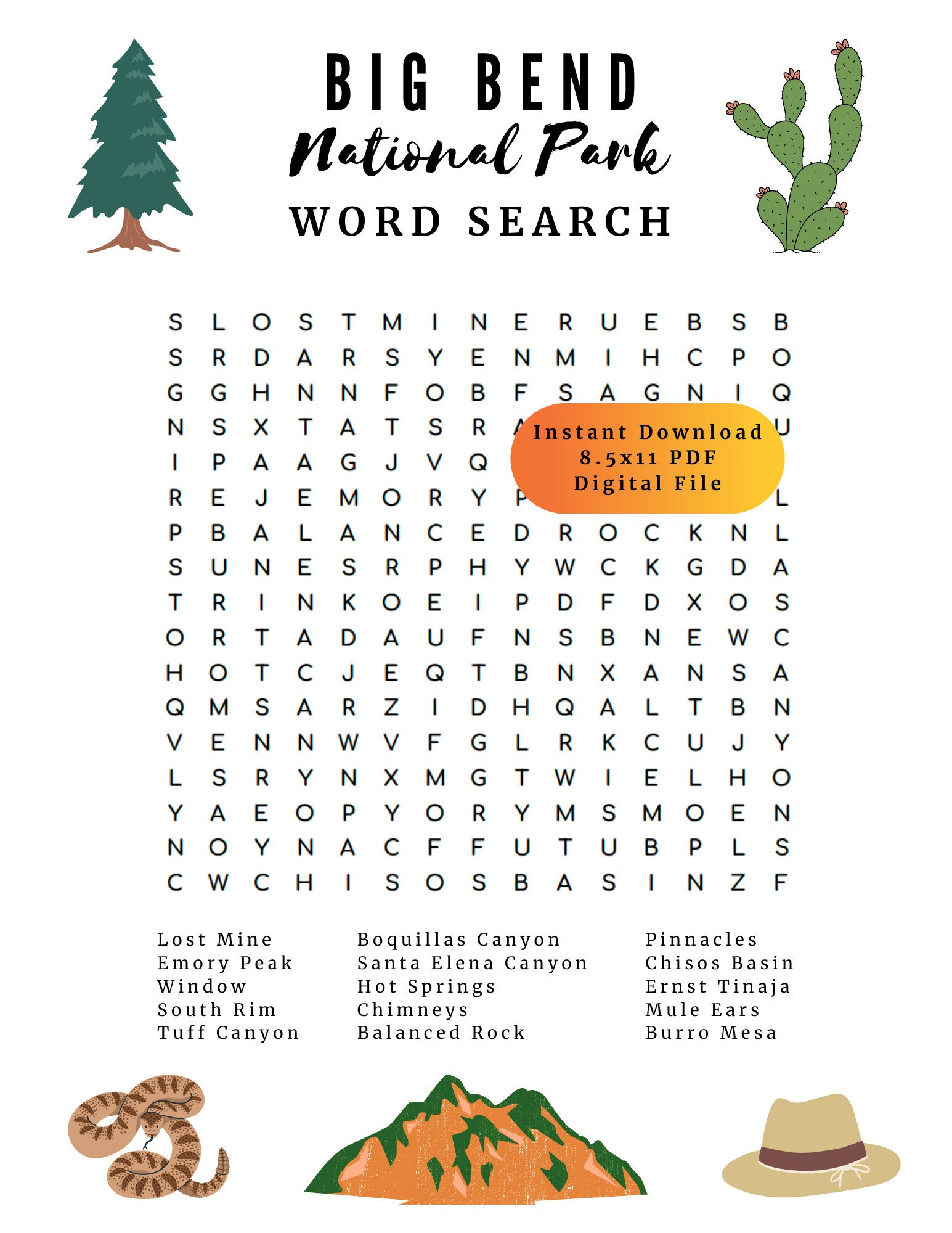 Big Bend National Park Word Search Game, Big Bend Word Search, Hiking ...