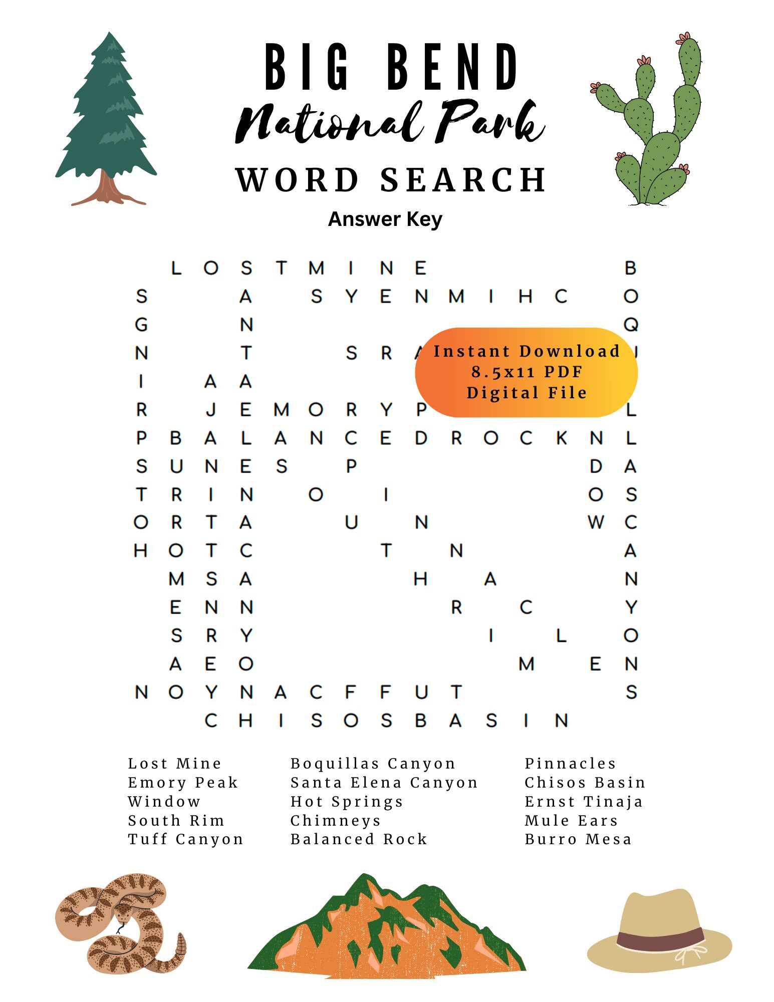 Big Bend National Park Word Search Game, Big Bend Word Search, Hiking ...