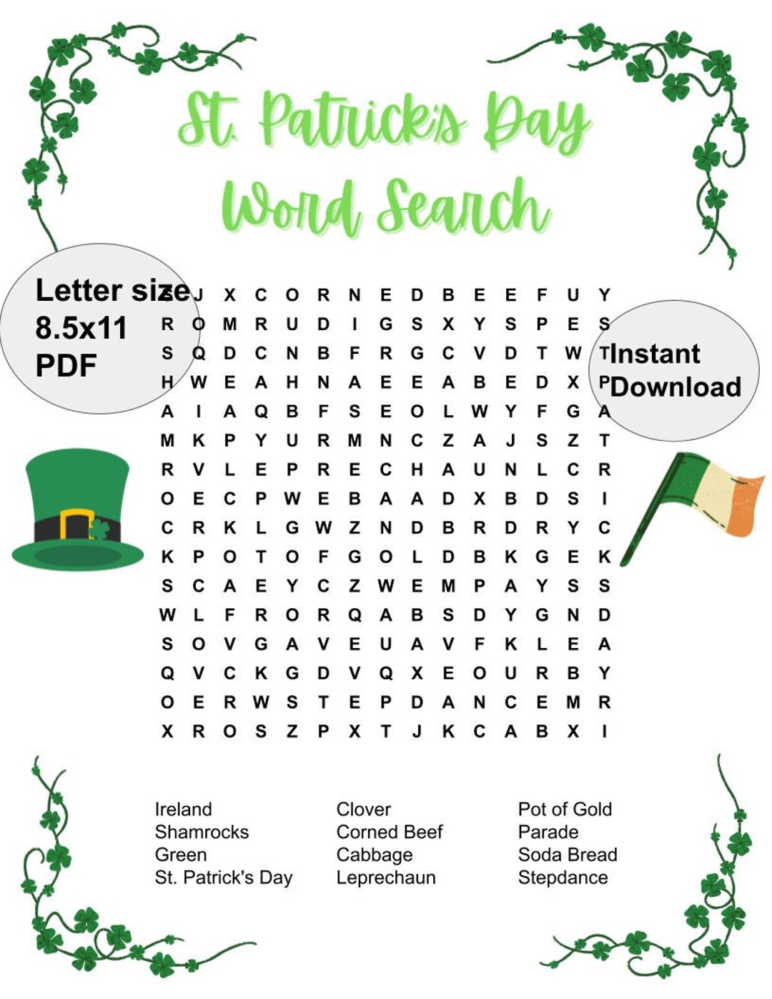 St. Patrick's Day Word Search, Printable, Instant Download, Activities ...