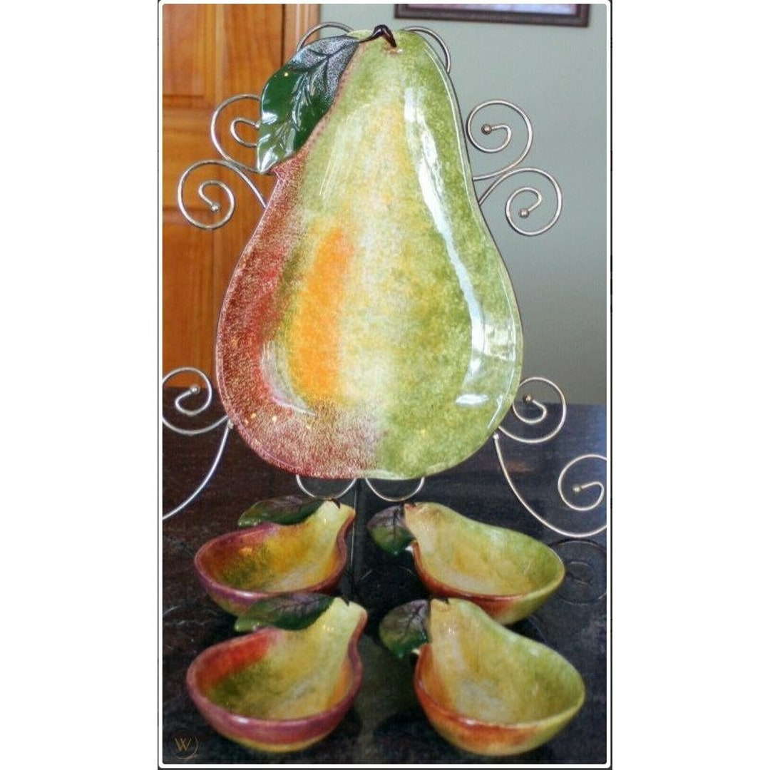 Clay Art 15" X 10" Hand Painted Pear Serving Platter & 4 Pear Bowls 7.5 ...