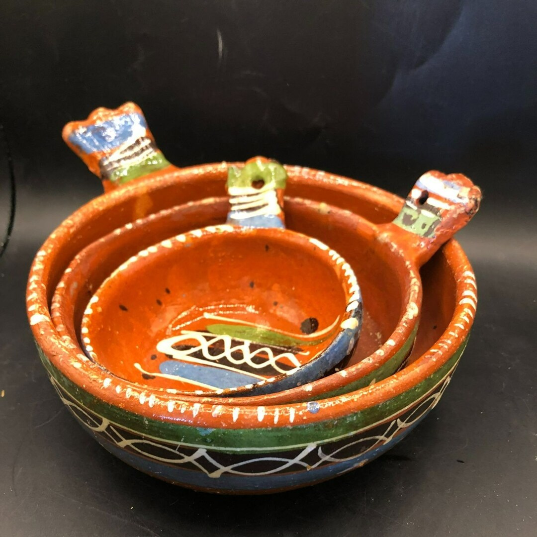 Old Mexican Pottery Handle Nesting Bowls Tlaquepaque, Southwest Ceramic ...