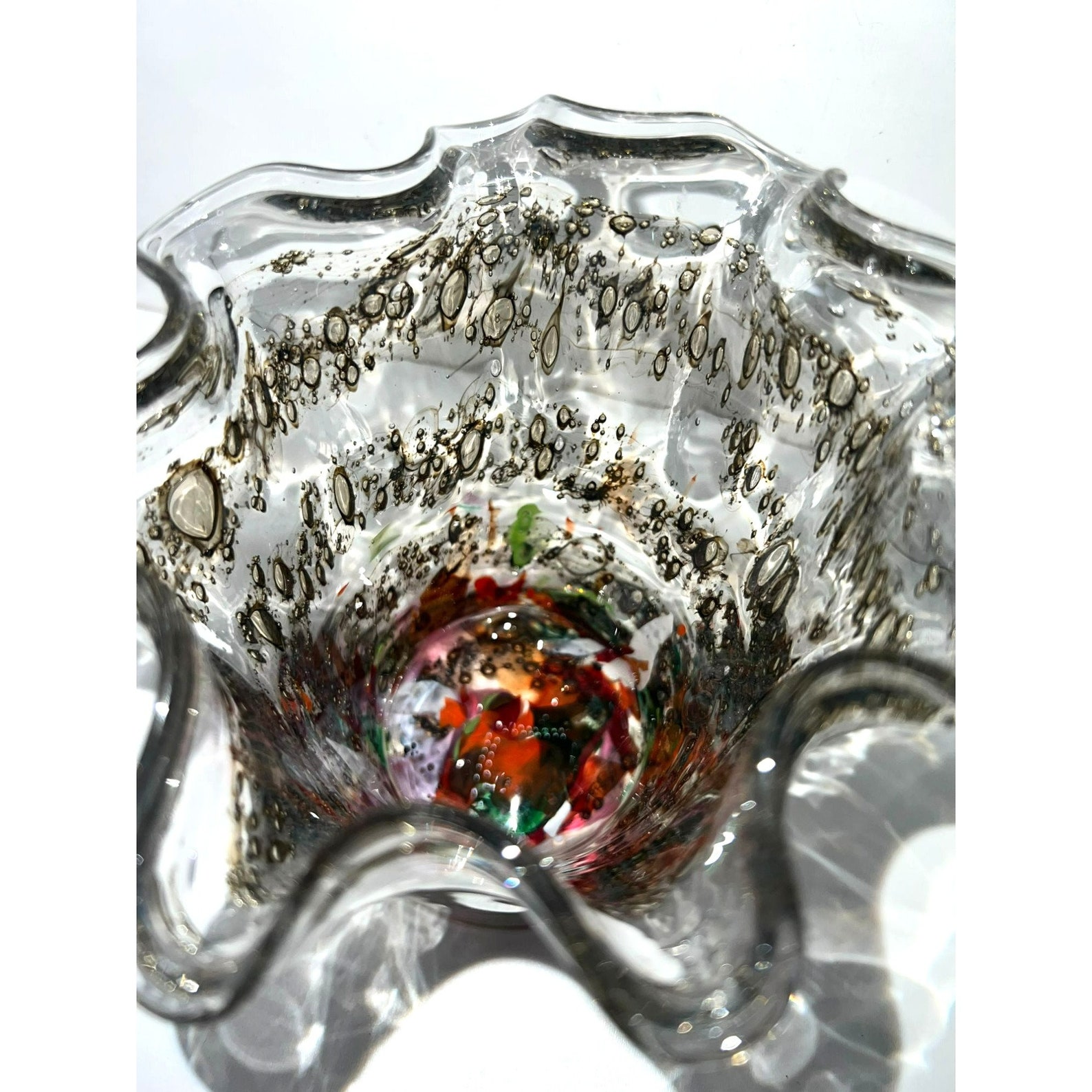 Zorza Vase Poland Hand Blown Art Glass Multicolor Ruffled Confetti ...