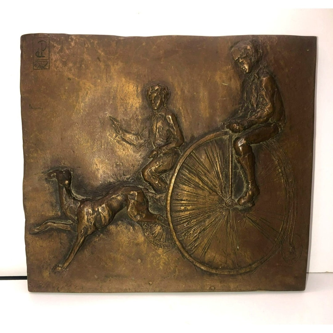 MCM Clay Tile Bronze Relief Wall Plaque Antique Bicycle Whippet Dog ...
