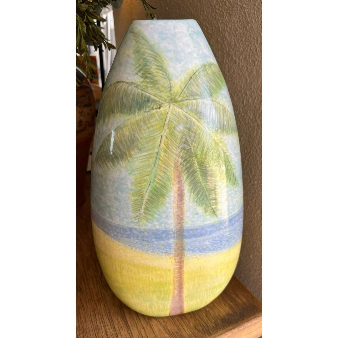Heesoo Maui Ceramic Vase Palm Trees Beach Hand Painted 13 in Signed - Etsy