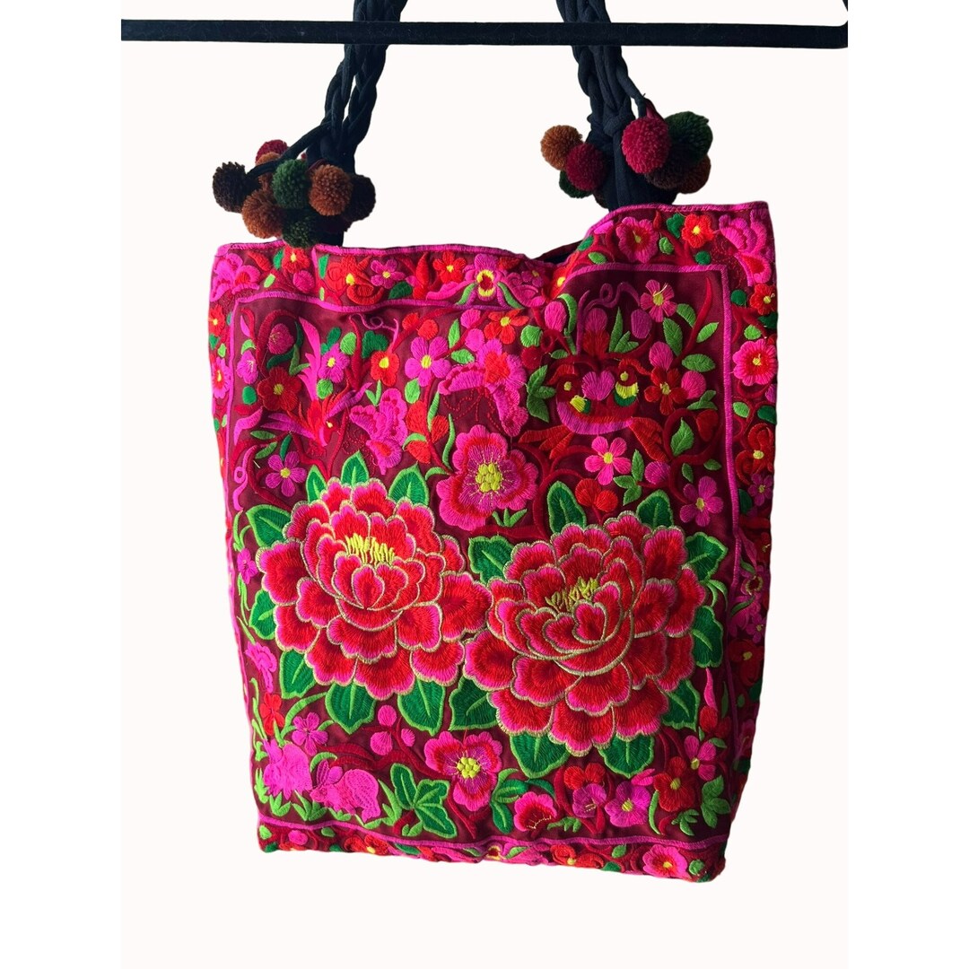 Large Hmong Tote, Hmong Fabric Bag, Pink Flowers, Boho Tote Bag, Pom ...