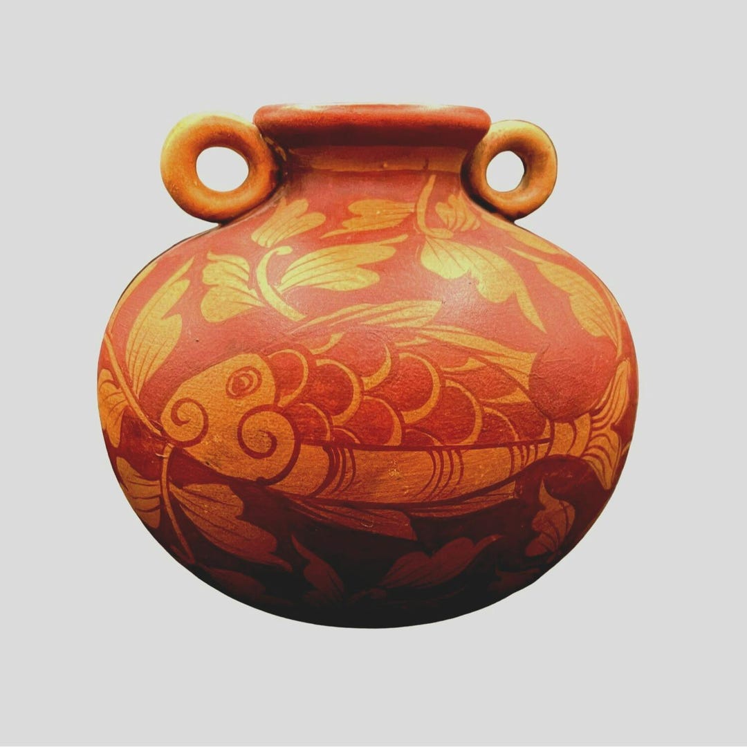 Vintage Pier 1 Red Pottery Pot Hand Painted Thailand Fish Motif Koi ...