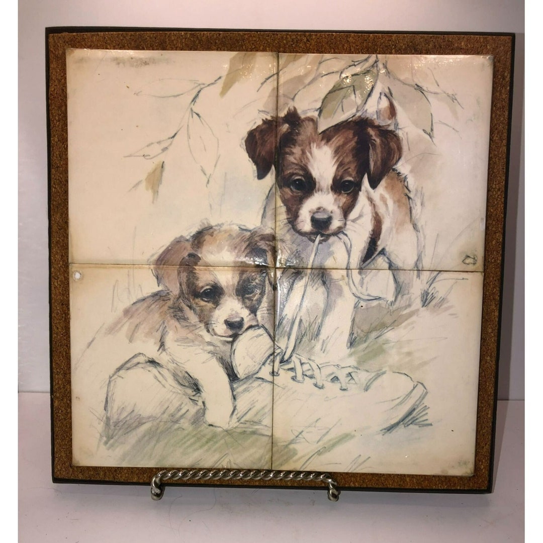 Tiles Wood Plaque Art Print Two Puppies Playing Shoelaces by Paul ...