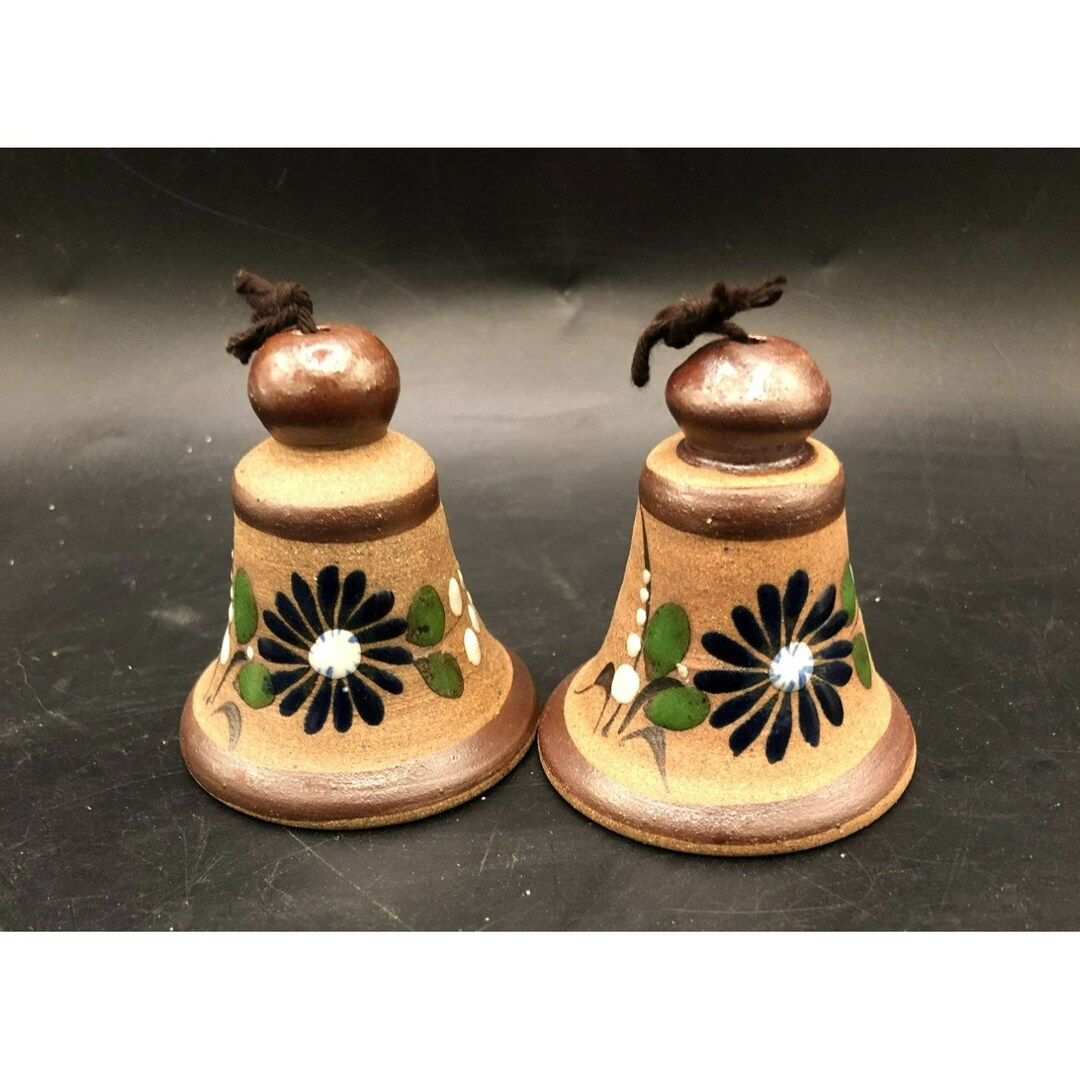 2 Tonala Mexican Pottery Bells Hand Painted Cobalt Flower Folk Art ...