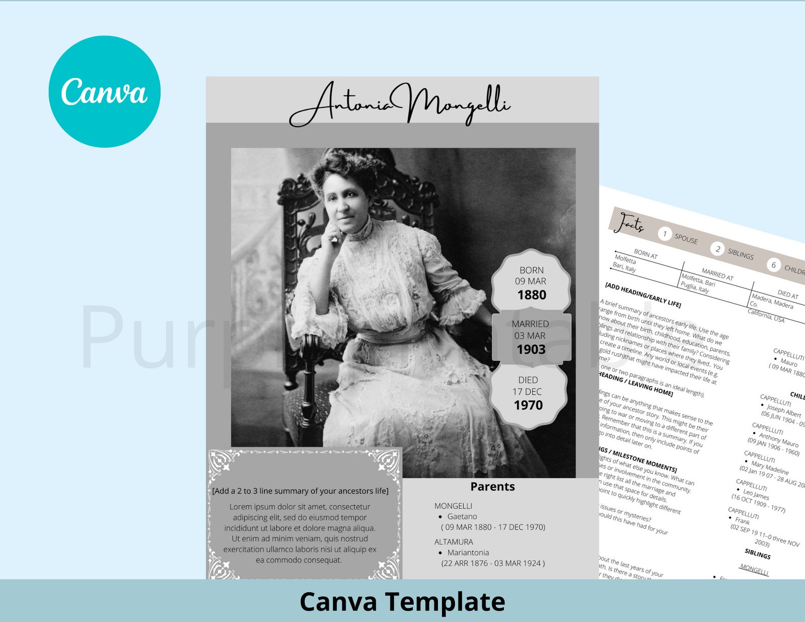 Ancestor Life Story /CANVA Template | Family Tree Family History and ...
