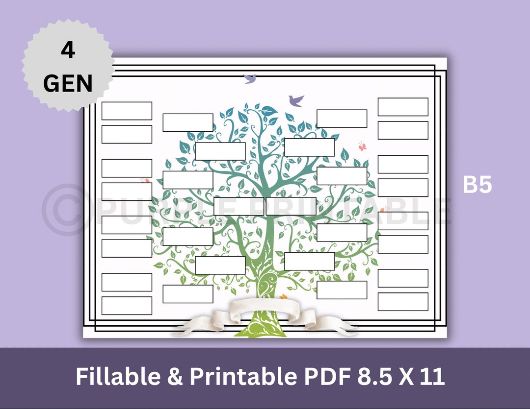 Pedigree Chart B Color,ancestral Chart,printable Fillable,4gen Family ...