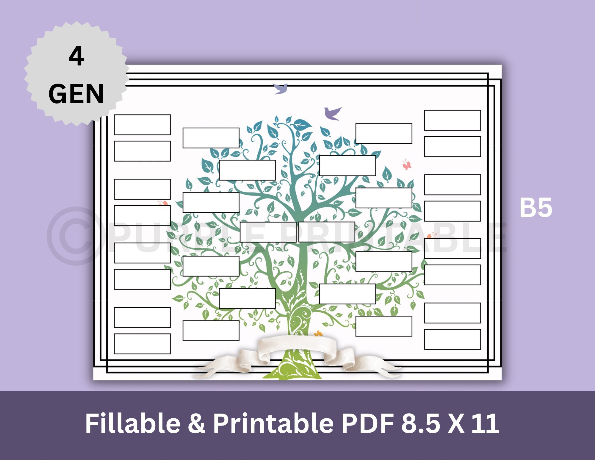 Pedigree Chart B Color,ancestral Chart,printable Fillable,4gen Family ...
