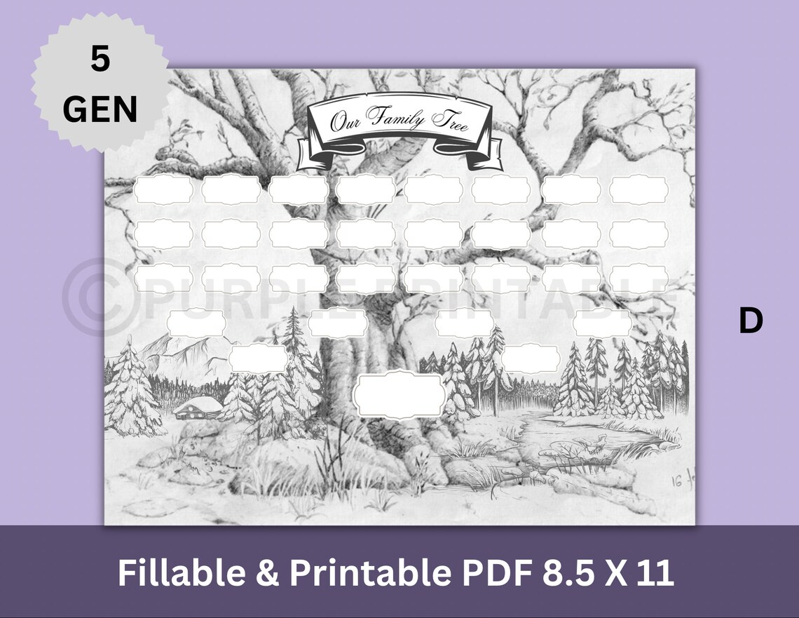 Pedigree Chartdb/w,ancestral Chart,fillable Printable,5gen Family Tree ...