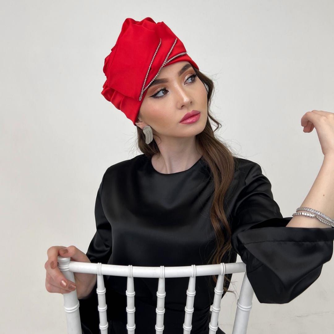 Red Satin Turban: Spiral Flower Design, Diamond Embellishments - Etsy