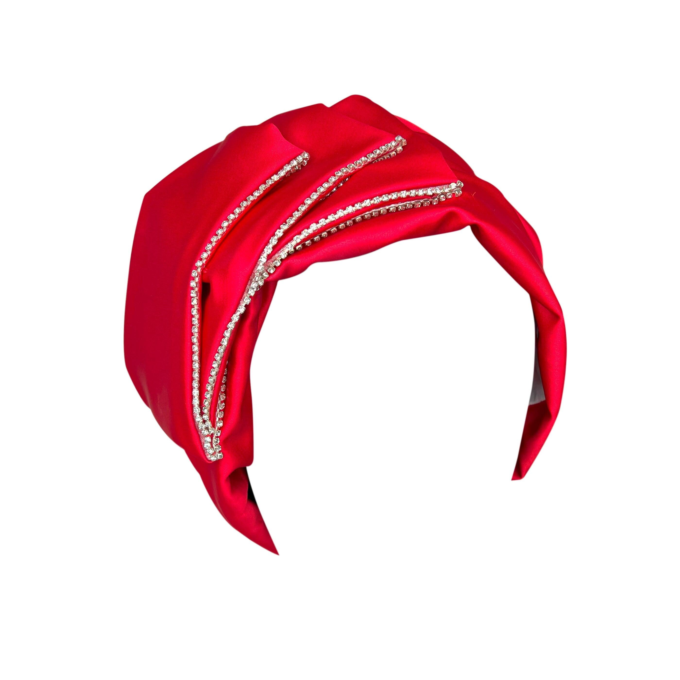 Red Satin Turban: Spiral Flower Design, Diamond Embellishments - Etsy
