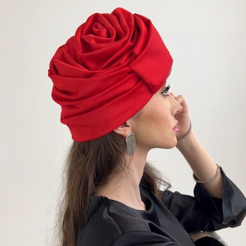 Red Satin Turban: Spiral Flower Design, Diamond Embellishments - Etsy
