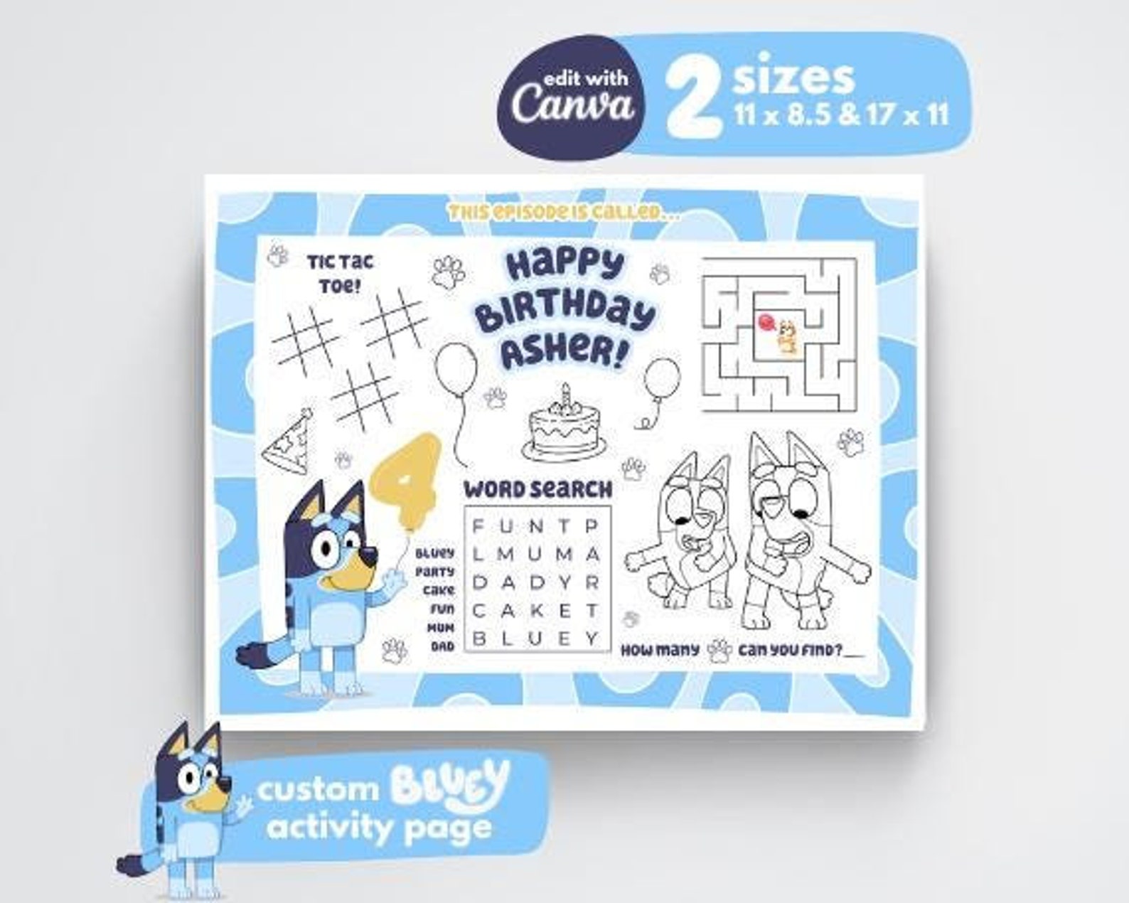 Bluey Themed Party Activity Page Printable, Customized Bluey Birthday ...