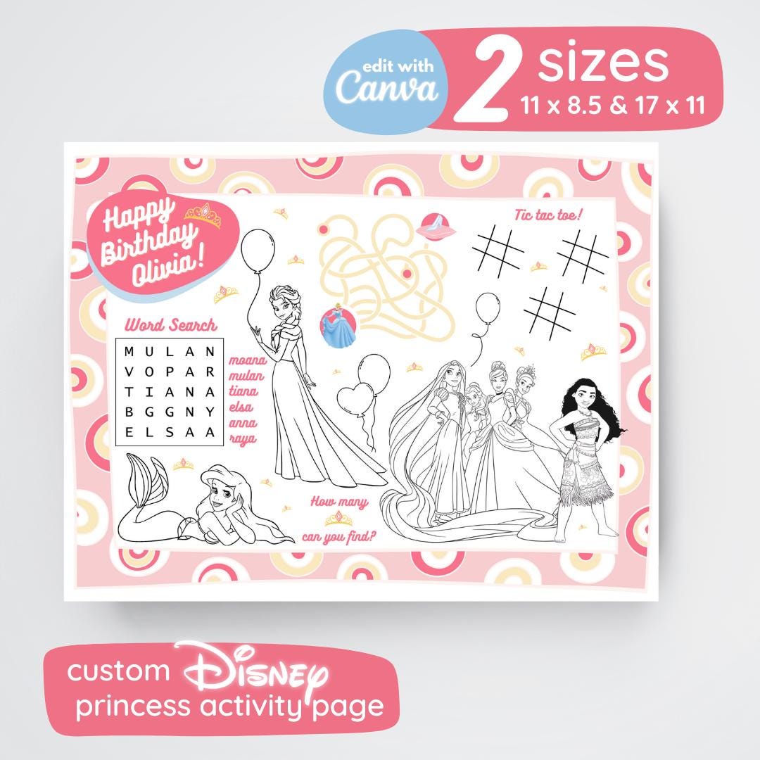 Princess Activity Page Placemat | Instant Download Kids Girls Birthday ...