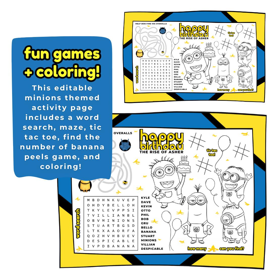 Minions Themed Activity Page Editable Instant Download Minion Party ...