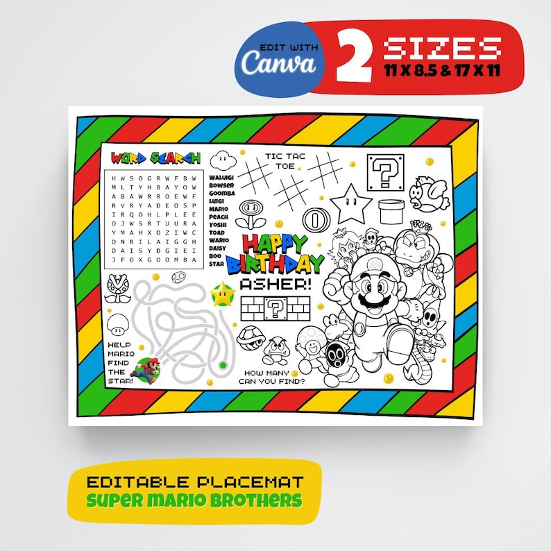 Super Brothers Party Favor Placemat | Printable Customizable Party ...