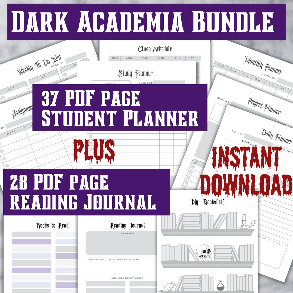 Dark Academia Planner Printables Bundle, Bookish Goth Study Planner ...