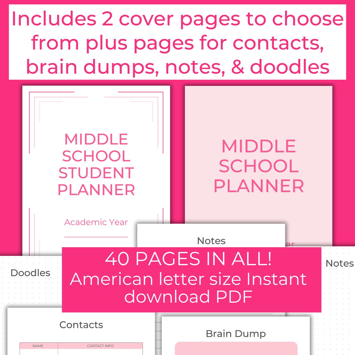 Pink Pretty Printable Middle School Planner, Student Academic Planner ...