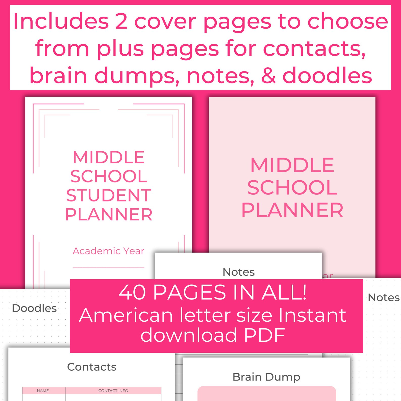 Pink Pretty Printable Middle School Planner, Student Academic Planner ...