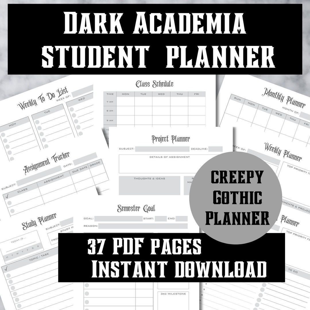 Student Planner Pages Dark Academia Printable, Minimalist Goth Planner ...