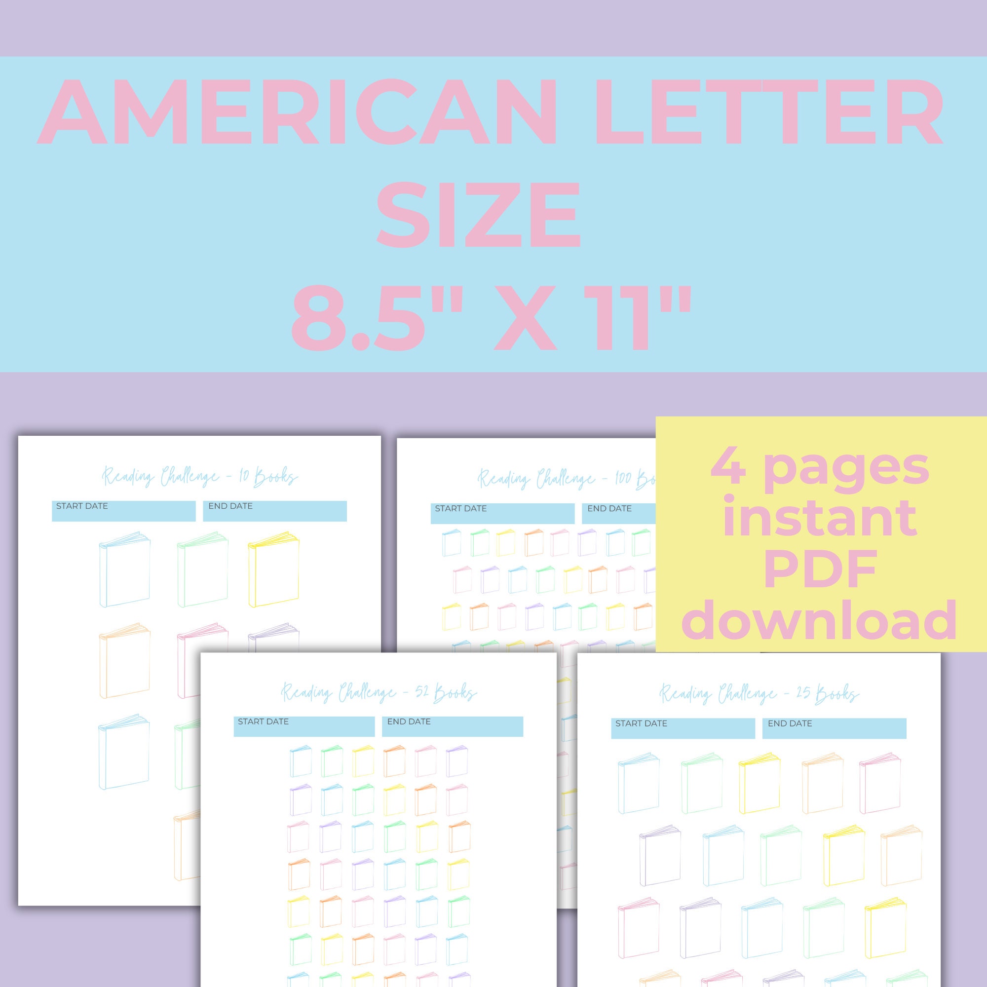 Reading Challenge 10, 25, 52, 100 Book Challenge Planner, 25 Book ...